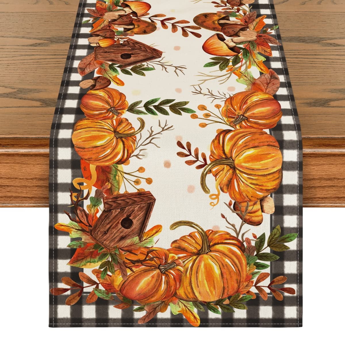 Smile Buffalo Check Plaid Fall Table Runner 13 x 36, Harvest Thanksgiving Pumpkins Mushrooms ...