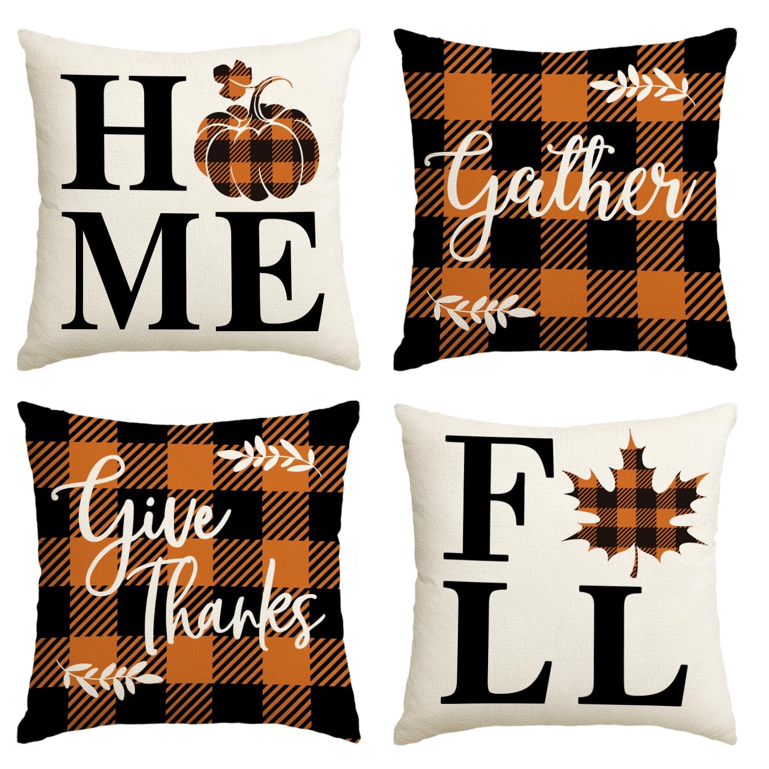 Smile Harvest Decor, Buffalo Check Plaid Pumpkin Fall Cushions, Set of ...