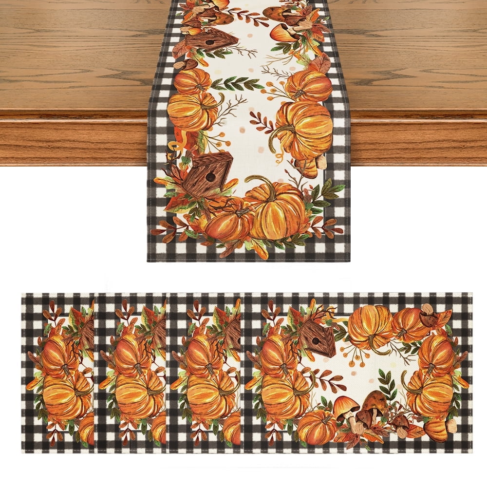 Smile Buffalo Plaid Fall Table Runner and Placemats, 13 x 72, 12 x 18, Pumpkins Mushrooms ...