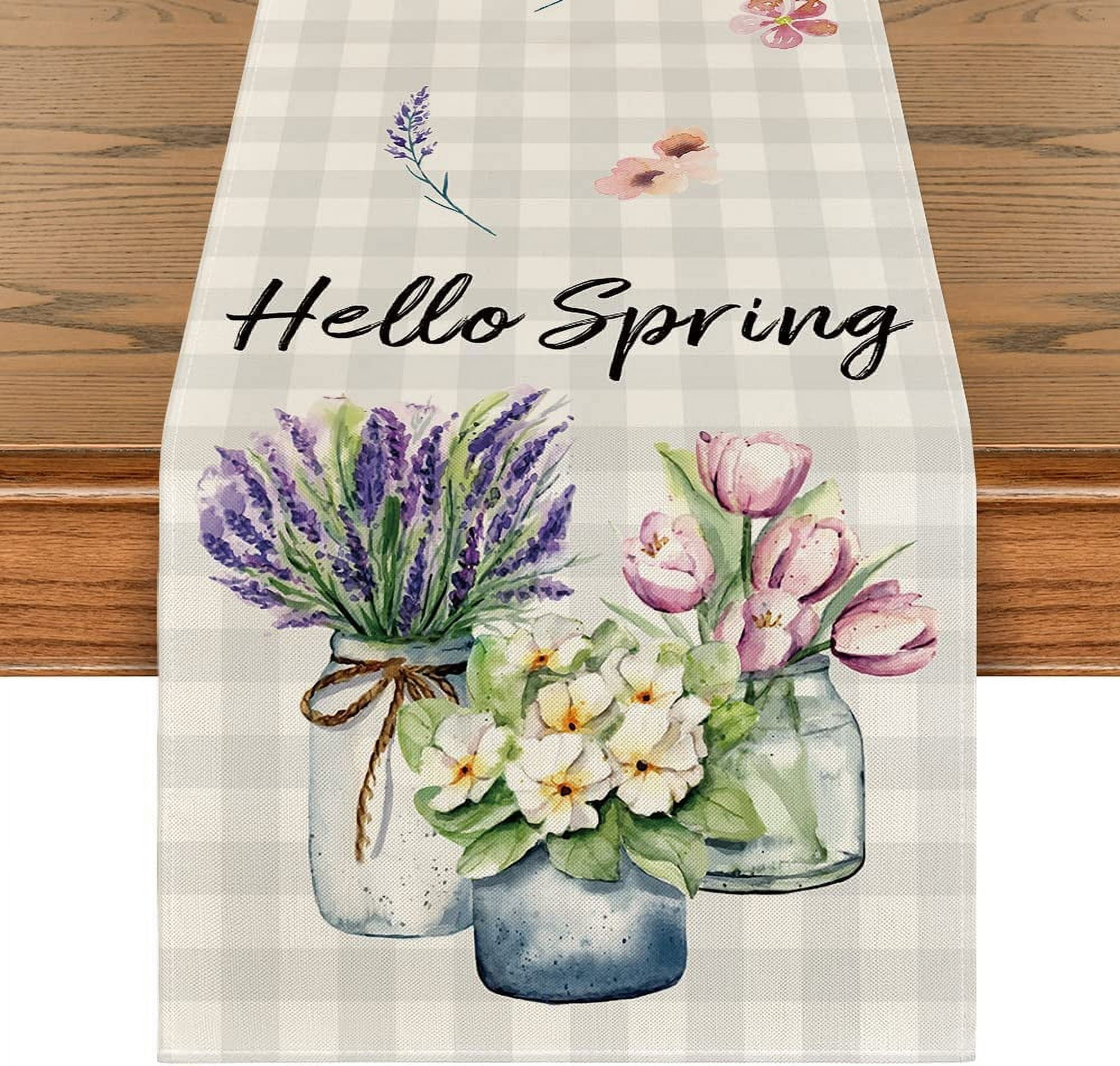 Smile Buffalo Plaid Lavender Vase Hello Spring Table Runner for Dining Table 13 x 48 Inch ...