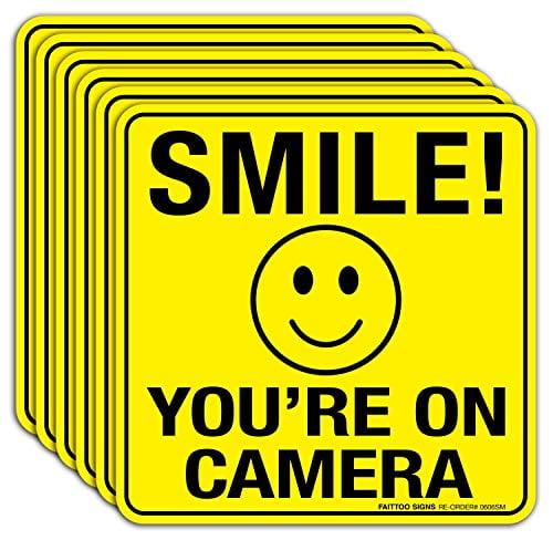 Smile You're On Camera Sign Stickers 6 Pack - 6 x 6 Inches- 4 Mil Vinyl - Laminated for UV ...