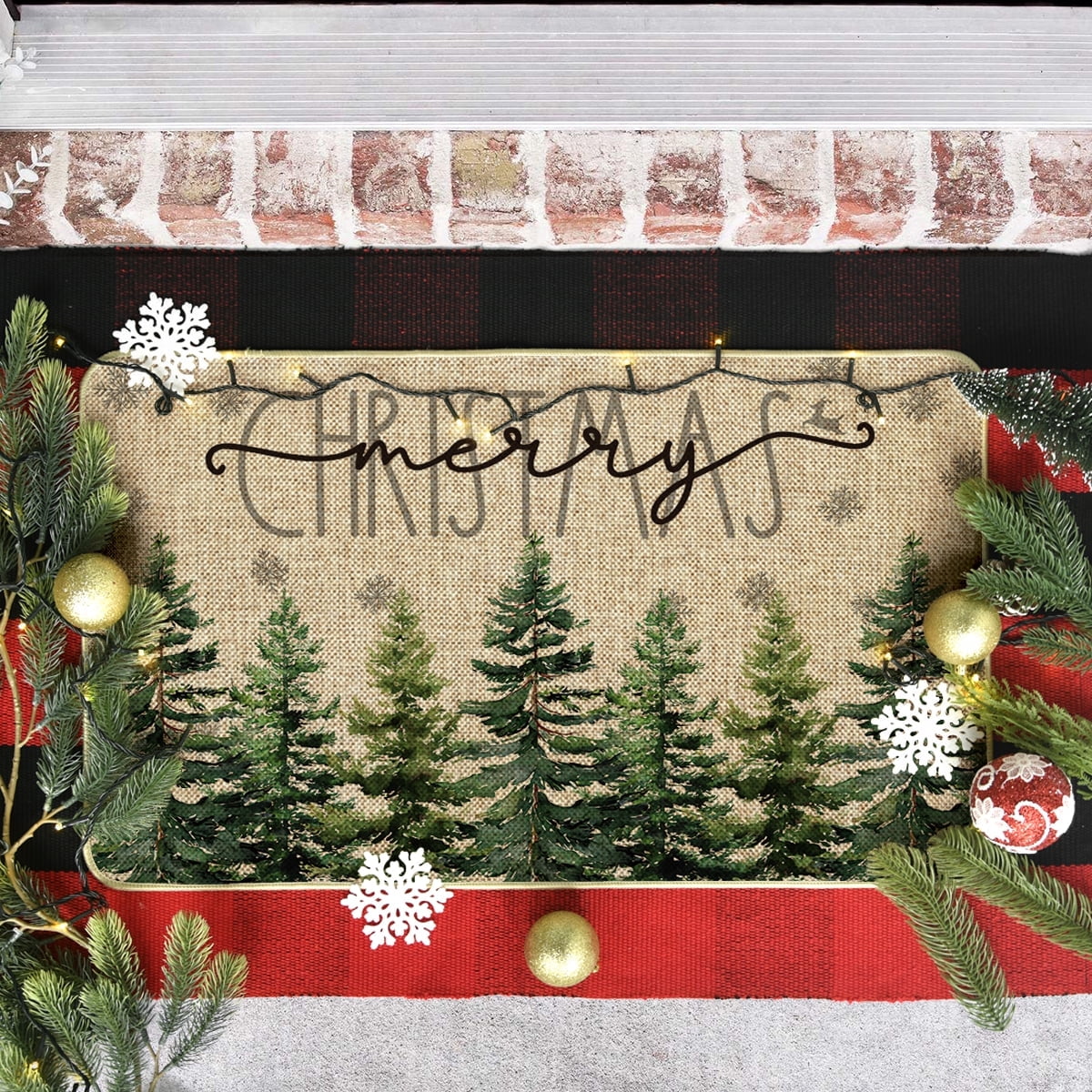 Sm:)e Christmas Pine Trees Rubber Doormat, 17" x 29", Non-Slip ...