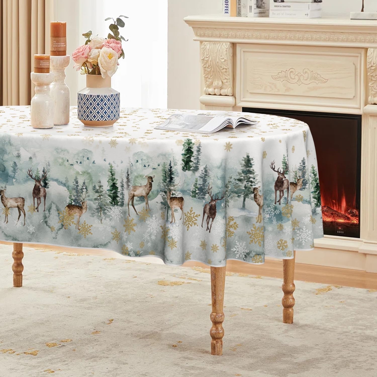 Sm:)e Christmas Tablecloth 60x84 Inch Oval, Golden Snow Deers Washable ...