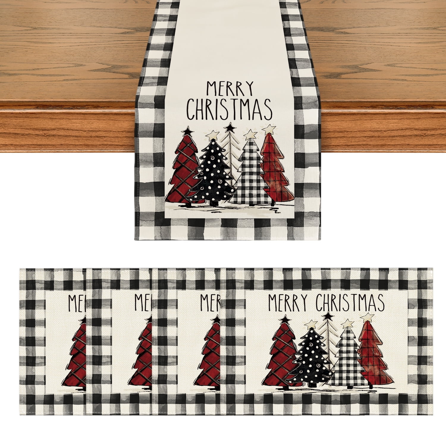Smile Christmas Tree Buffalo Plaid Table Runner and Placemats, 13 x 72 ...