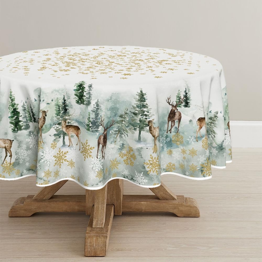 Smile Christmas Tree Golden Snow Deer Winter Tablecloth Round 70 Inch ...