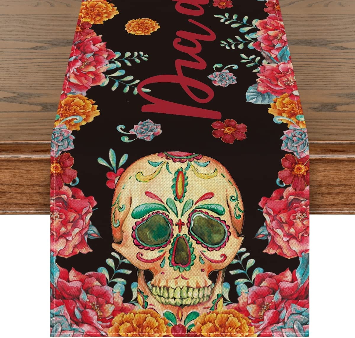 Smile Day of the Dead Skull Halloween Dining Table Runner, 13 x 72 Inch ...