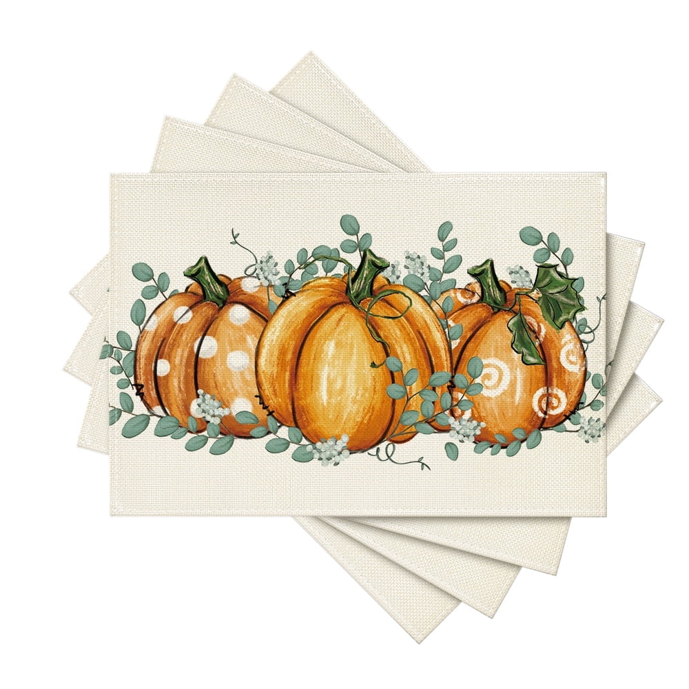 Smile Dot Pumpkins Fall Placemats Set of 4, 12x18 Inch Eucalyptus ...