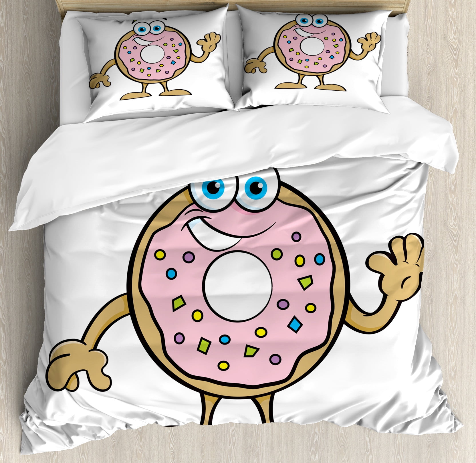 Smile Duvet Cover Set, Cartoon Style Print of Waving Donut with ...