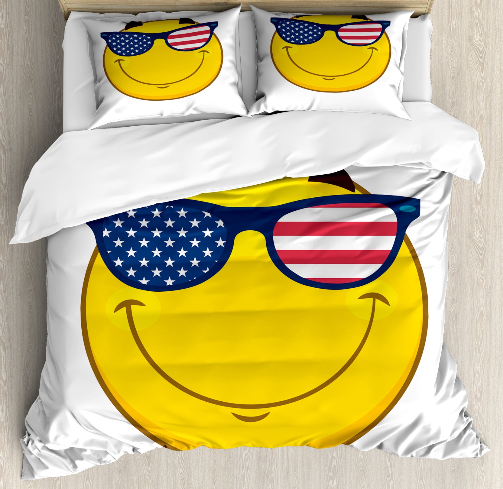 Smile Duvet Cover Set, Cheerful Face Character with USA Flag Sunglasses ...