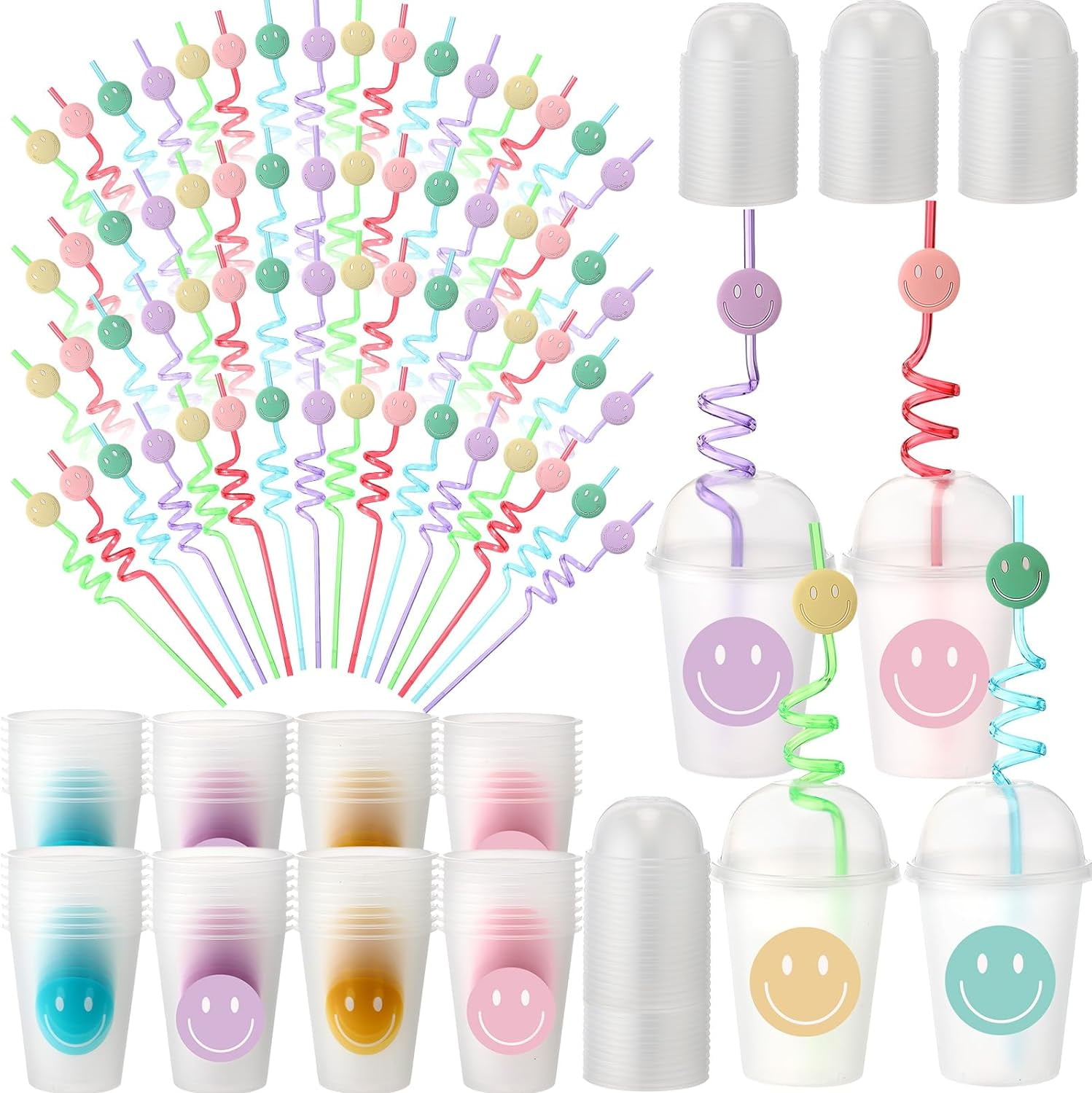 Smile Face Sipper Cups with Straws and Lids, 12 oz Clear Plastic Cups ...