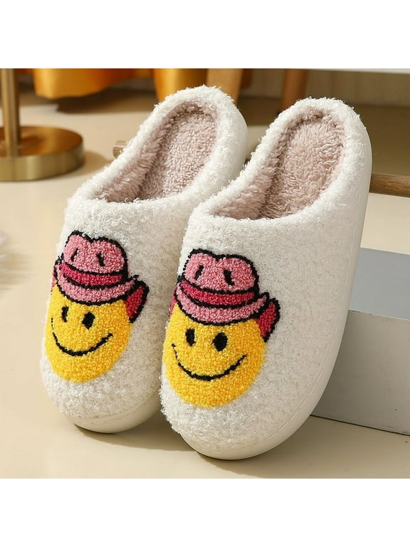 PacificPlex Womens Smiley Preppy Smile Slippers Retro Plush (7-7.5 ...