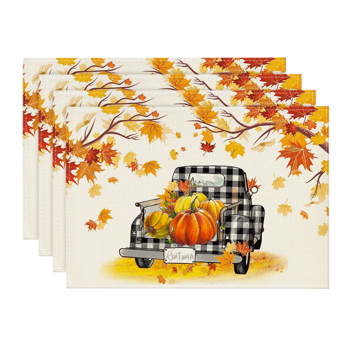 Smile Fall Table Placemats 12 x 18 Set of 4, Maple Leaves Pumpkins ...
