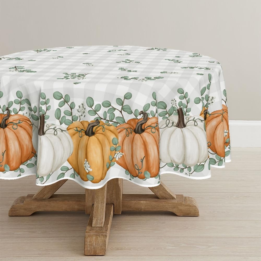 Smile Fall Thanksgiving Round TableCloth Orange Pumpkin Table Cover for ...