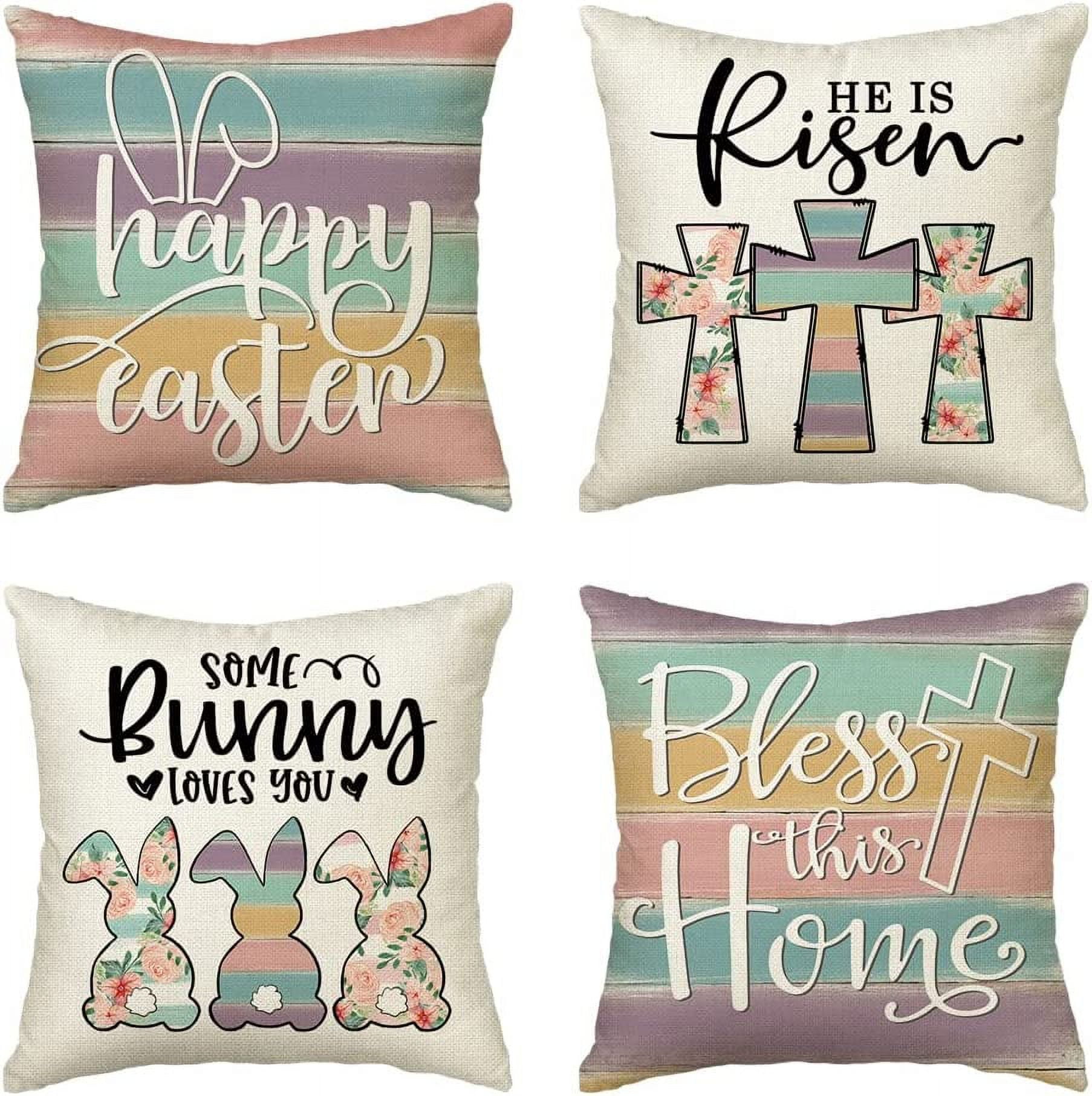 Smile He is Risen Happy Easter Throw Pillow Covers 4-Pack 16 x 16 Inch Cross Bunny Bless Our ...