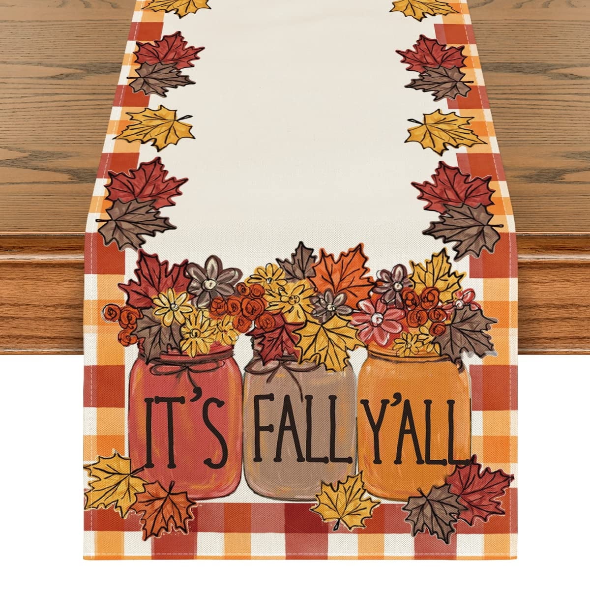Sm:)e Autumn Decor - Fall Y'all Maple Leaves Table Runner, Orange Brown ...