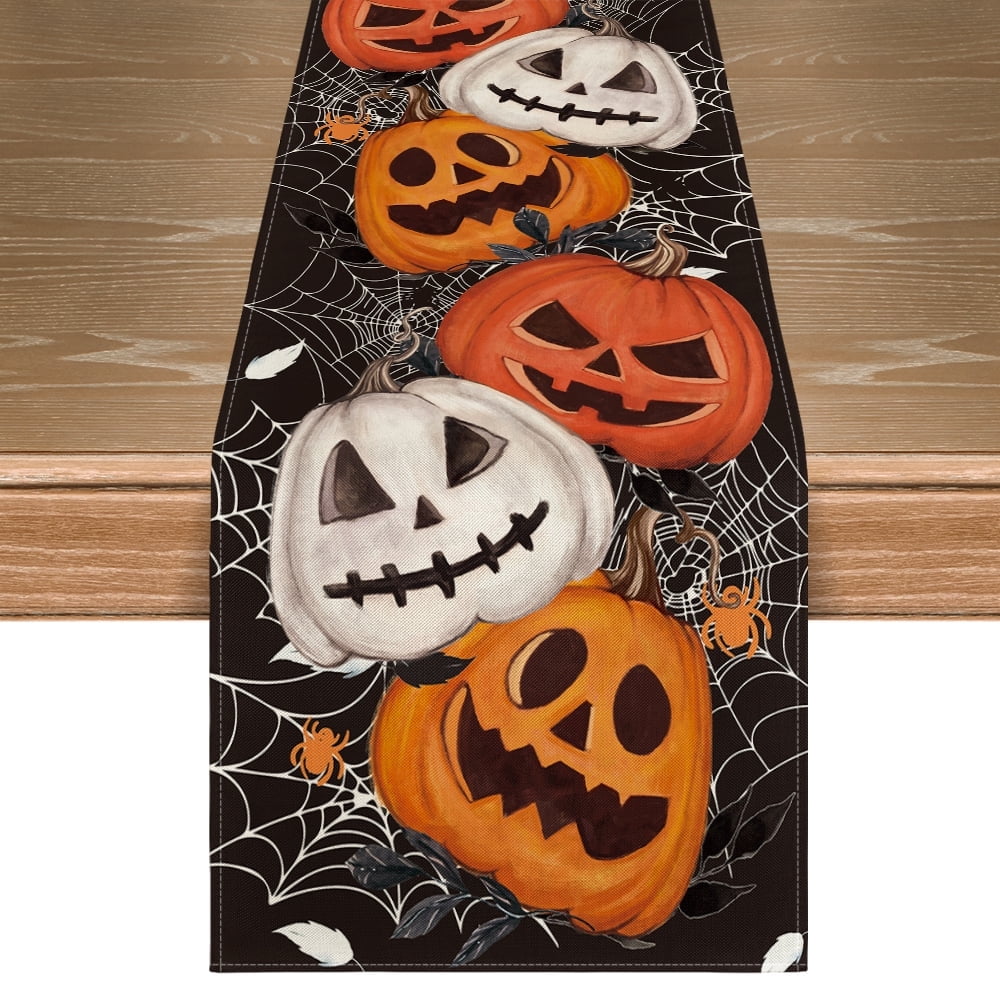 Smile Jack O Lantern Pumpkin Ghost Spider Halloween Table Runner Black ...