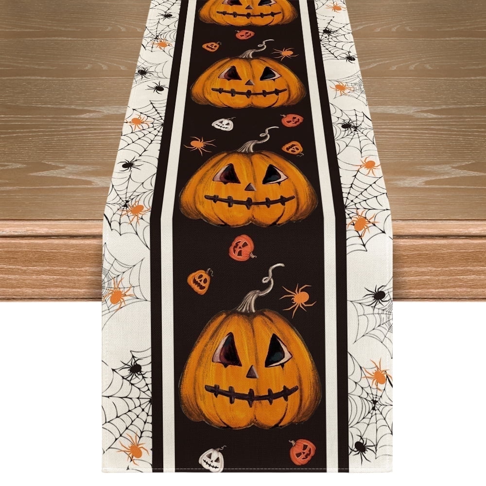 Smile Jack-O'-Lantern Spider Web Pumpkin Halloween Table Runner 13 x 72 ...