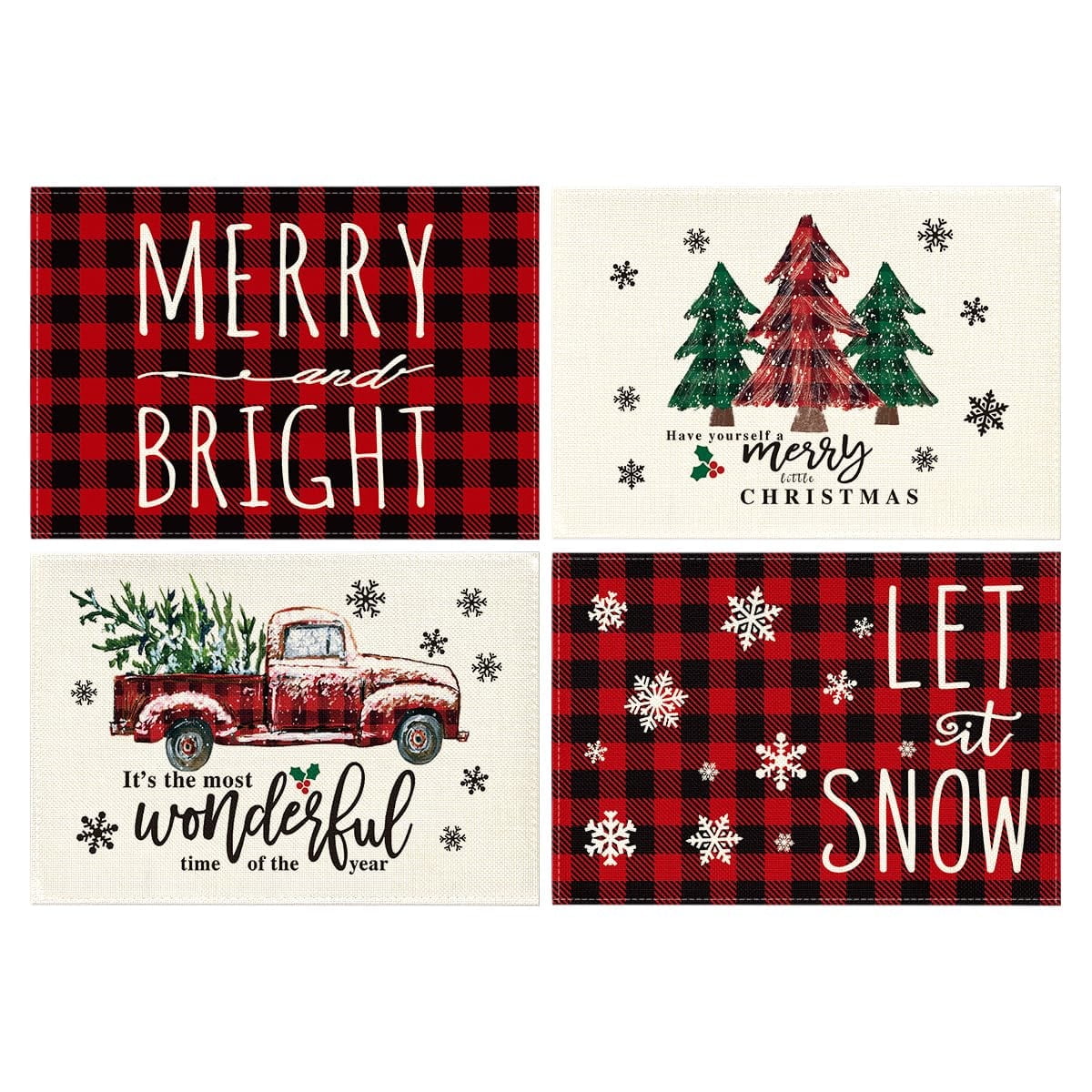 Smile Let It Snow Merry Bright Truck Christmas Placemats 4-Pack, 12 x 18 Inch, Buffalo Check ...