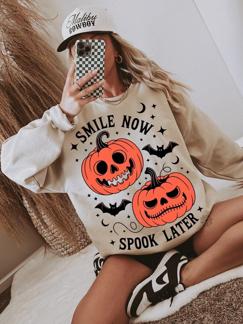 Smile Now Spook Later Sweatshirt, Funny Halloween Shirt with Cute and ...