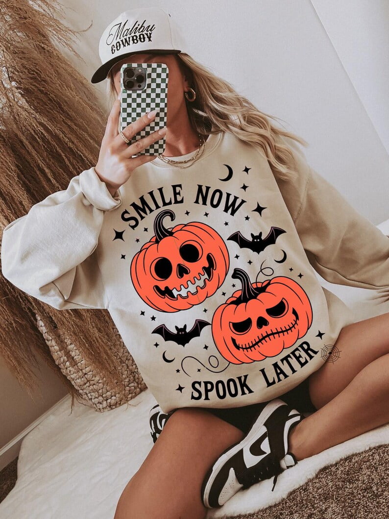 Smile Now Spook Later Sweatshirt– Funny Halloween Tee with Cute and ...