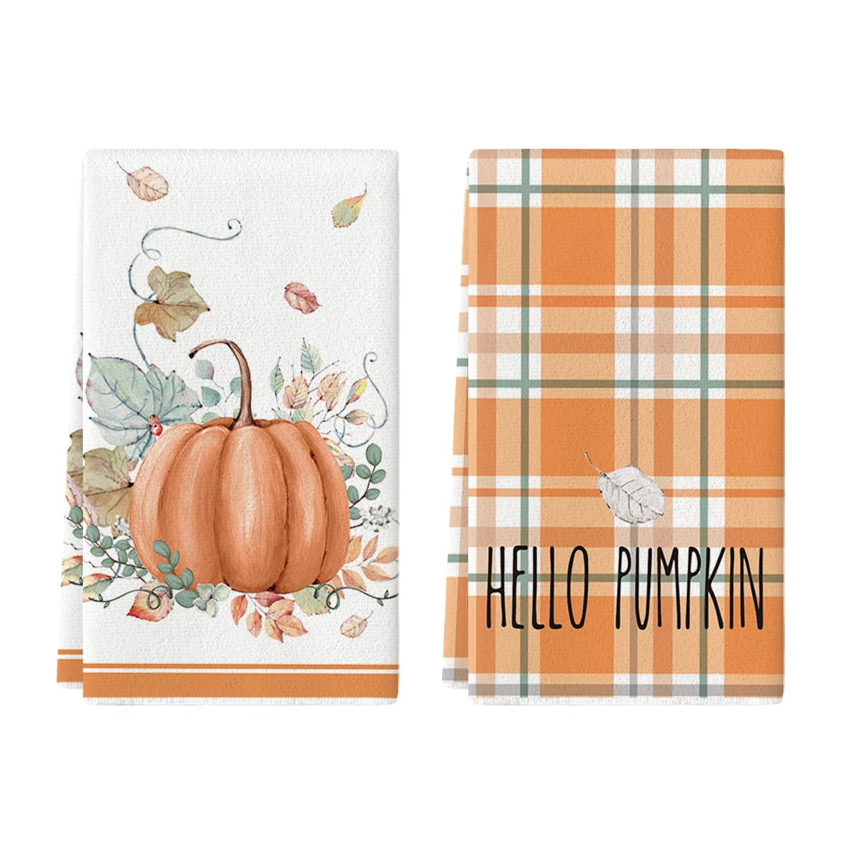 Smile Orange Hello Pumpkin Leaves Fall Thanksgiving Kitchen Dish Towels ...