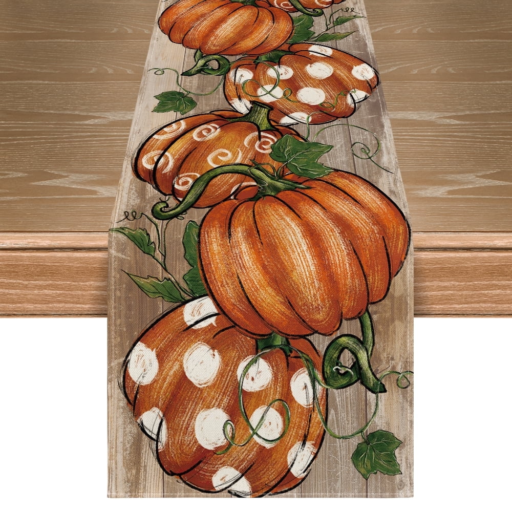 Smile Polka Dot Pumpkins Vine Fall Table Runner, Seasonal Autumn Thanksgiving Kitchen Dining ...