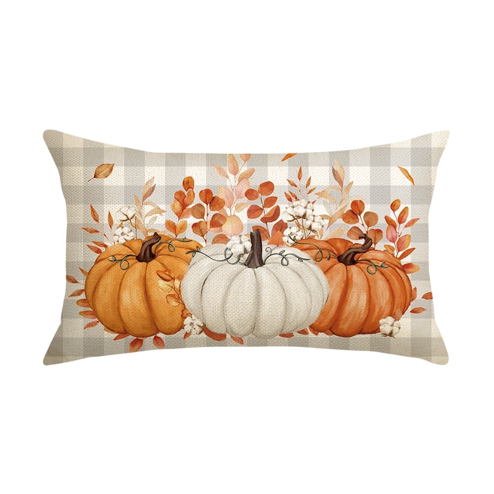 Smile Pumpkin Buffalo Plaid Orange Fall Throw Pillow Cover, 12x20 Inch ...