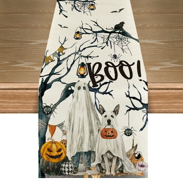 SUNOLIFE Halloween Table Runner Spooky Ghost Pumpkins Cat Kitchen ...