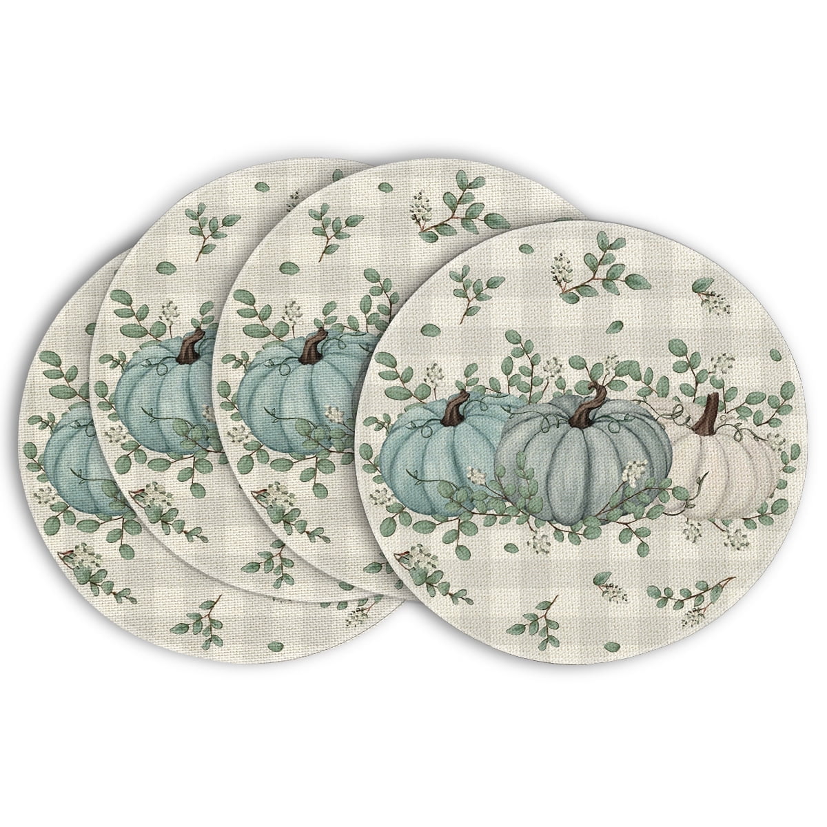 Smile Pumpkins Eucalyptus Leaves Round Fall Placemats Set of 4, 15 Inch ...