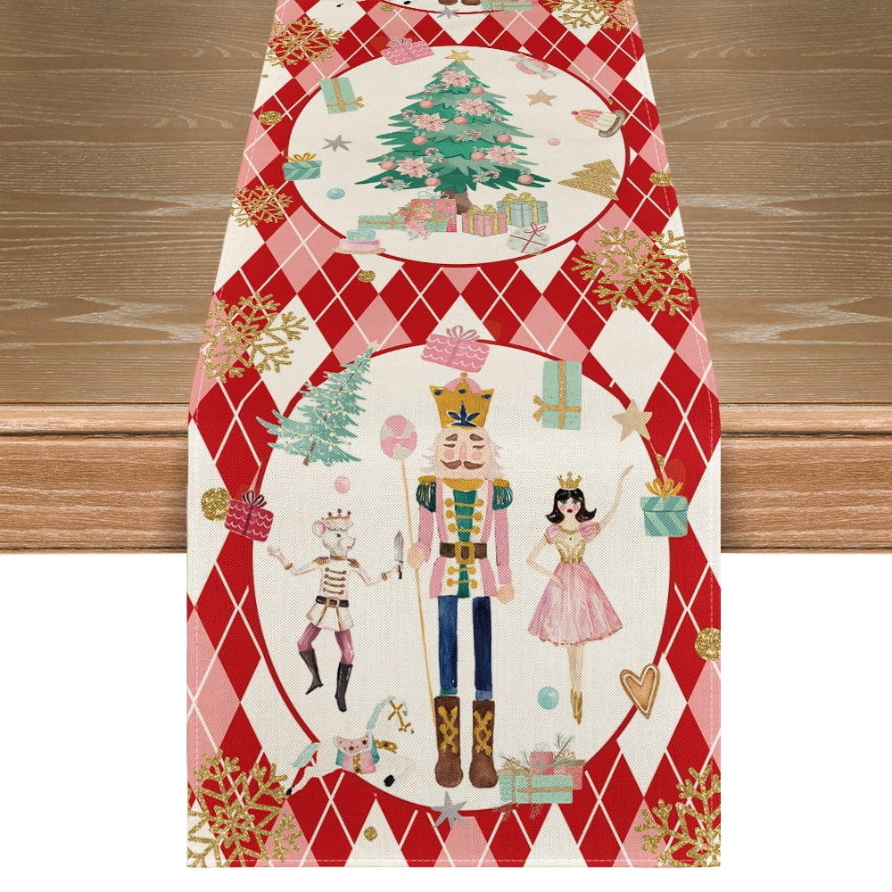 Smile Red Diamond Plaid Nutcracker Snowflake Christmas Table Runner ...