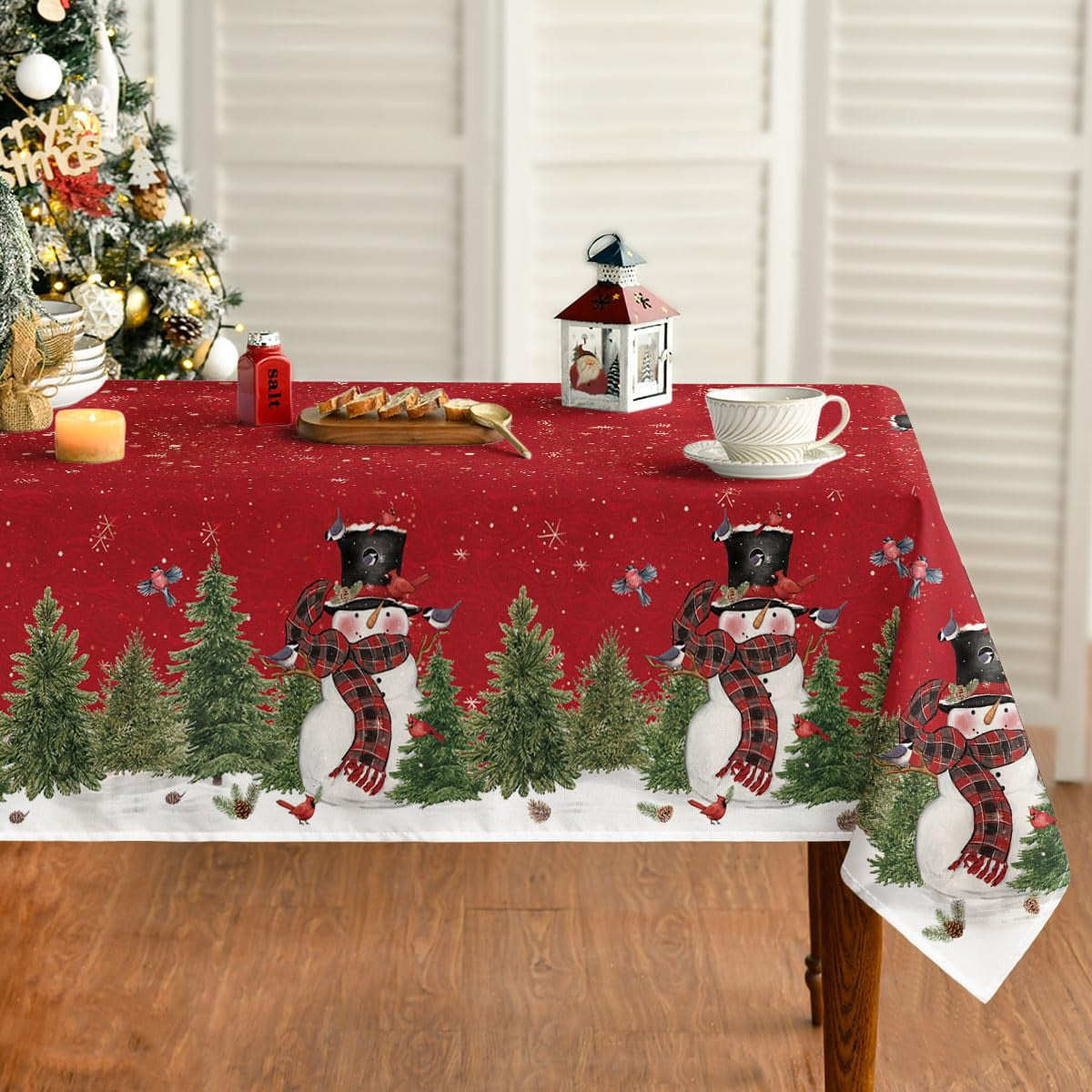 Holiday Tablecloth, Snowman Cardinals Trees Snowflakes, 52 x 70 Inch ...
