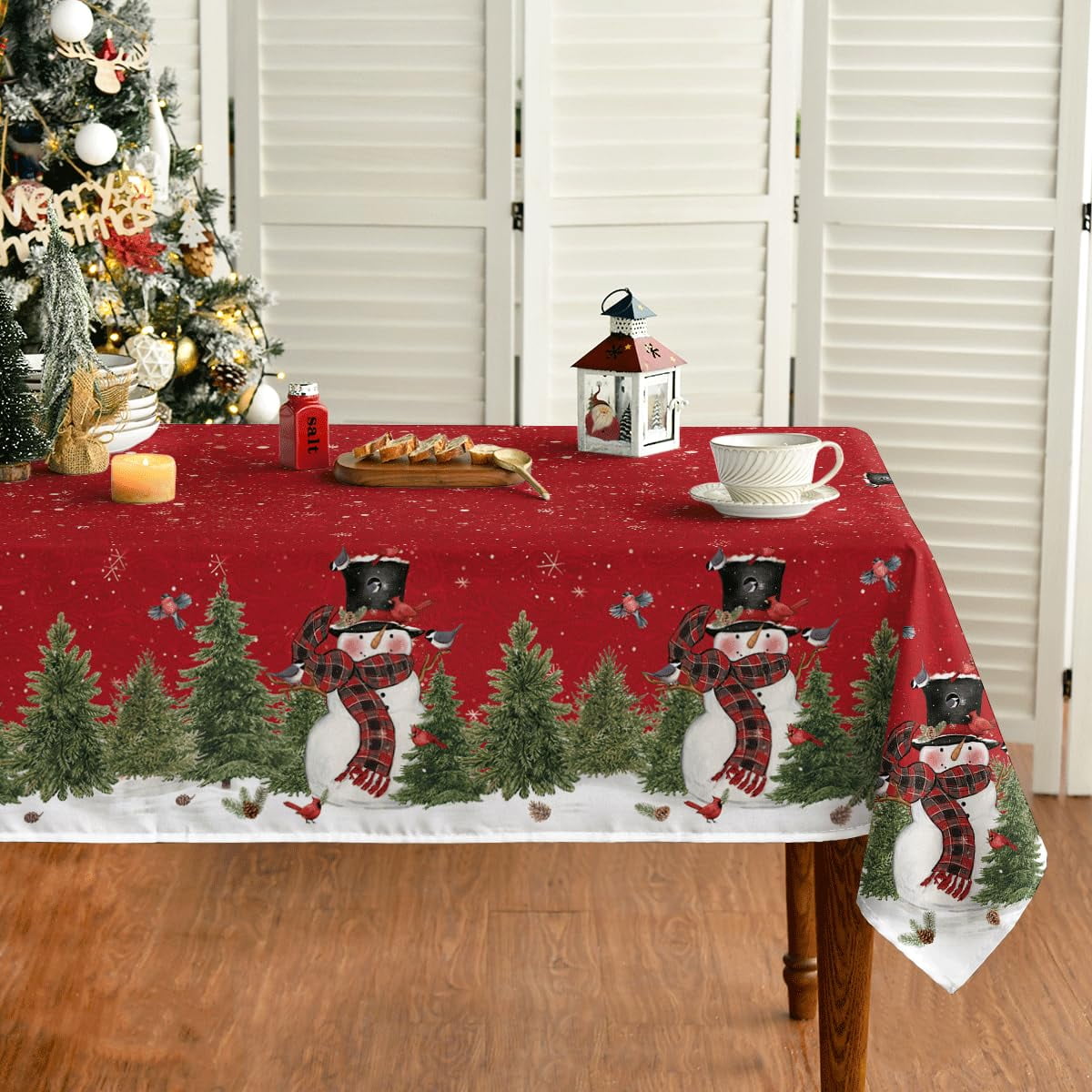Large Christmas Tablecloth, Snowman Cardinals Design, 60x120 Inch, Red ...
