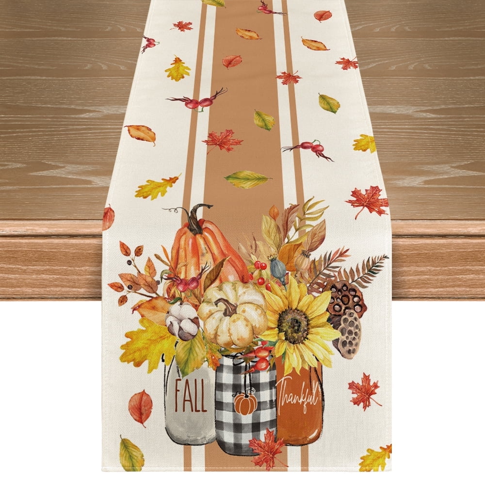 Smile Thankful Fall Pumpkin Leaves Floral Vases Table Runner, Autumn ...