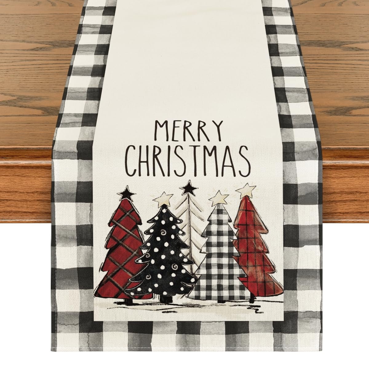 Smile Waterclor Buffalo Plaid Christmas Trees Merry Xmas Table Runner ...