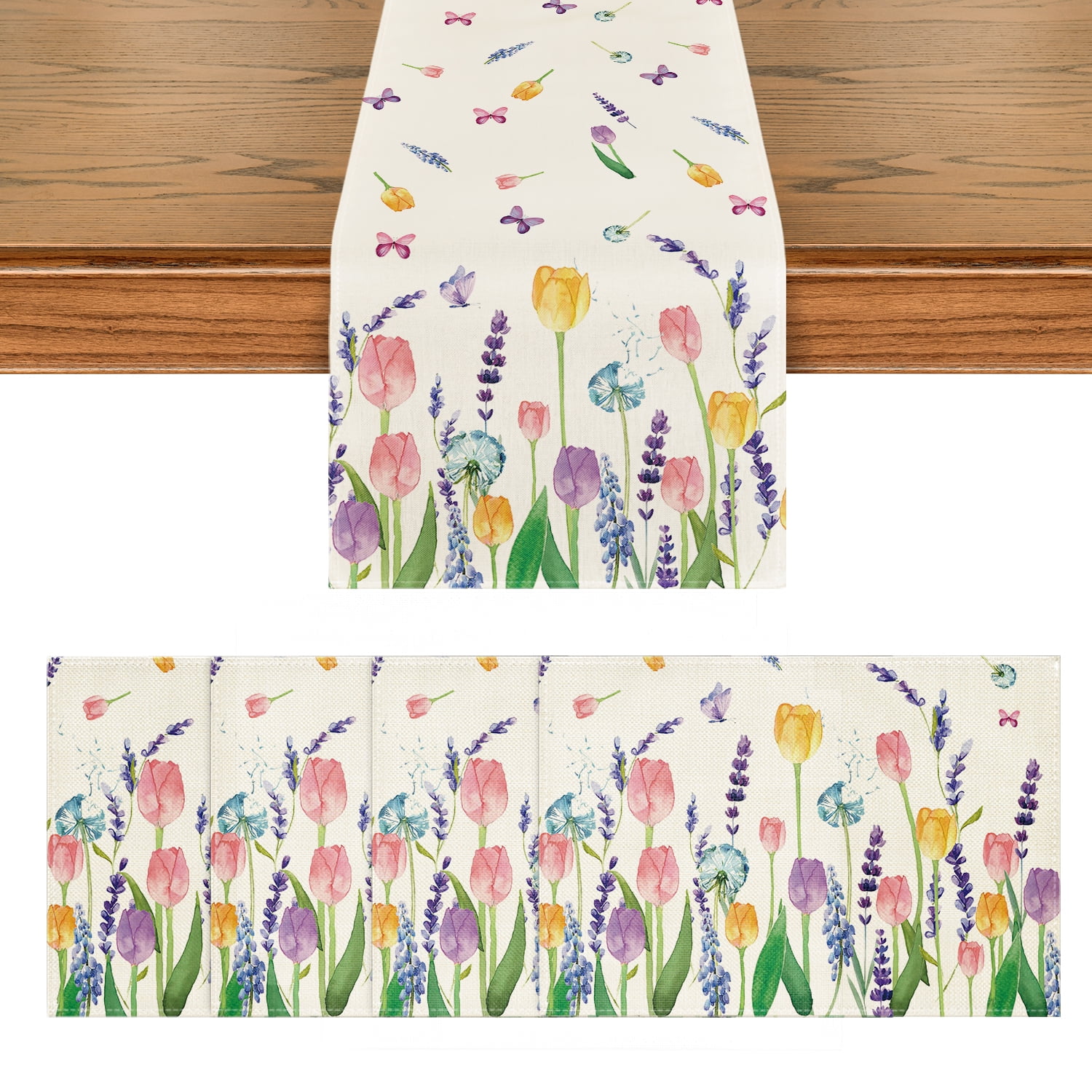 Smile Watercolor Floral Tulip Flower Table Runner and 4 Set Placemats ...