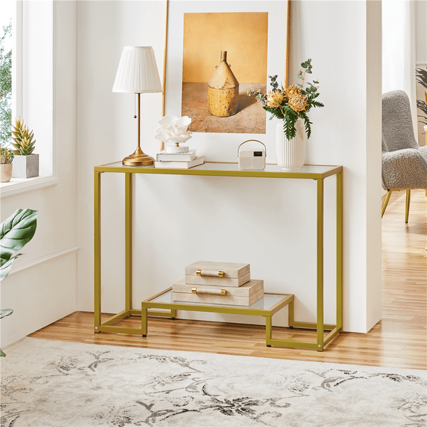 Alden Design 2 layer Modern Tempered Glass Console Table with Metal Frame for Hallway Gold Walmart Business Supplies