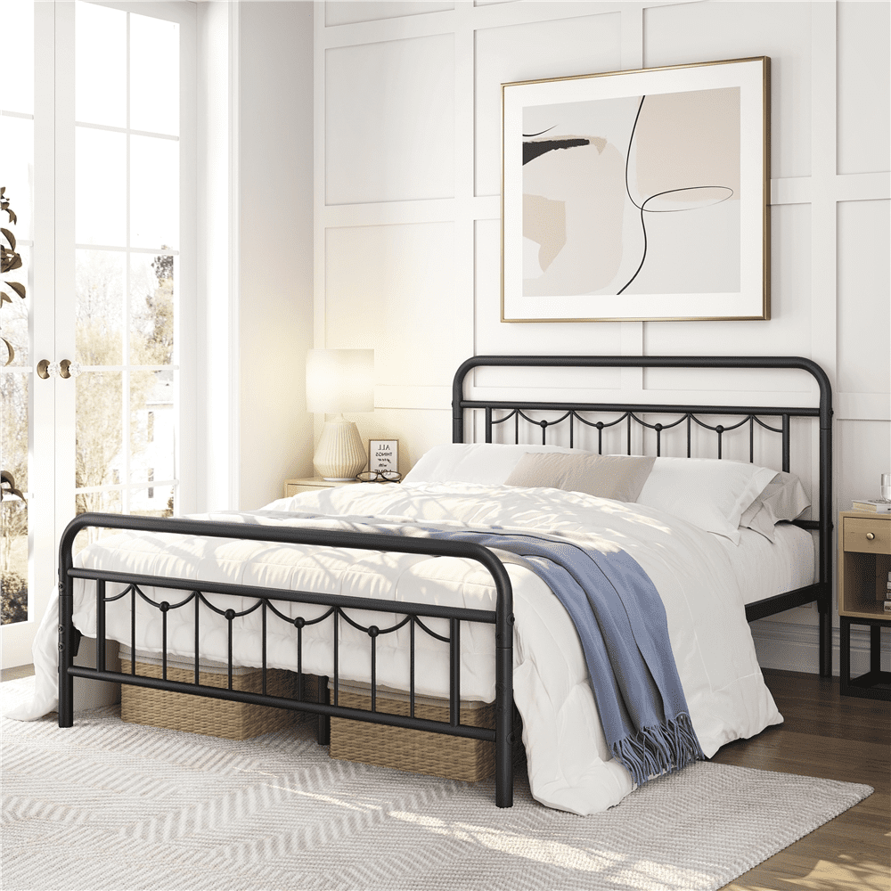 Alden Design Metal Platform Queen Bed with Vintage Headboard and Footboard Matte Black