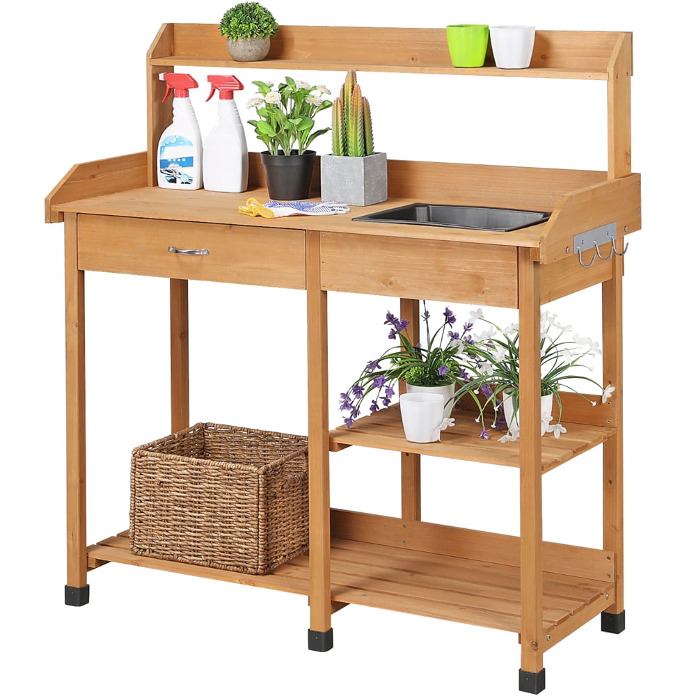 Alden design Wooden Potting Bench with Sink Drawer & 2 Shelves for ...