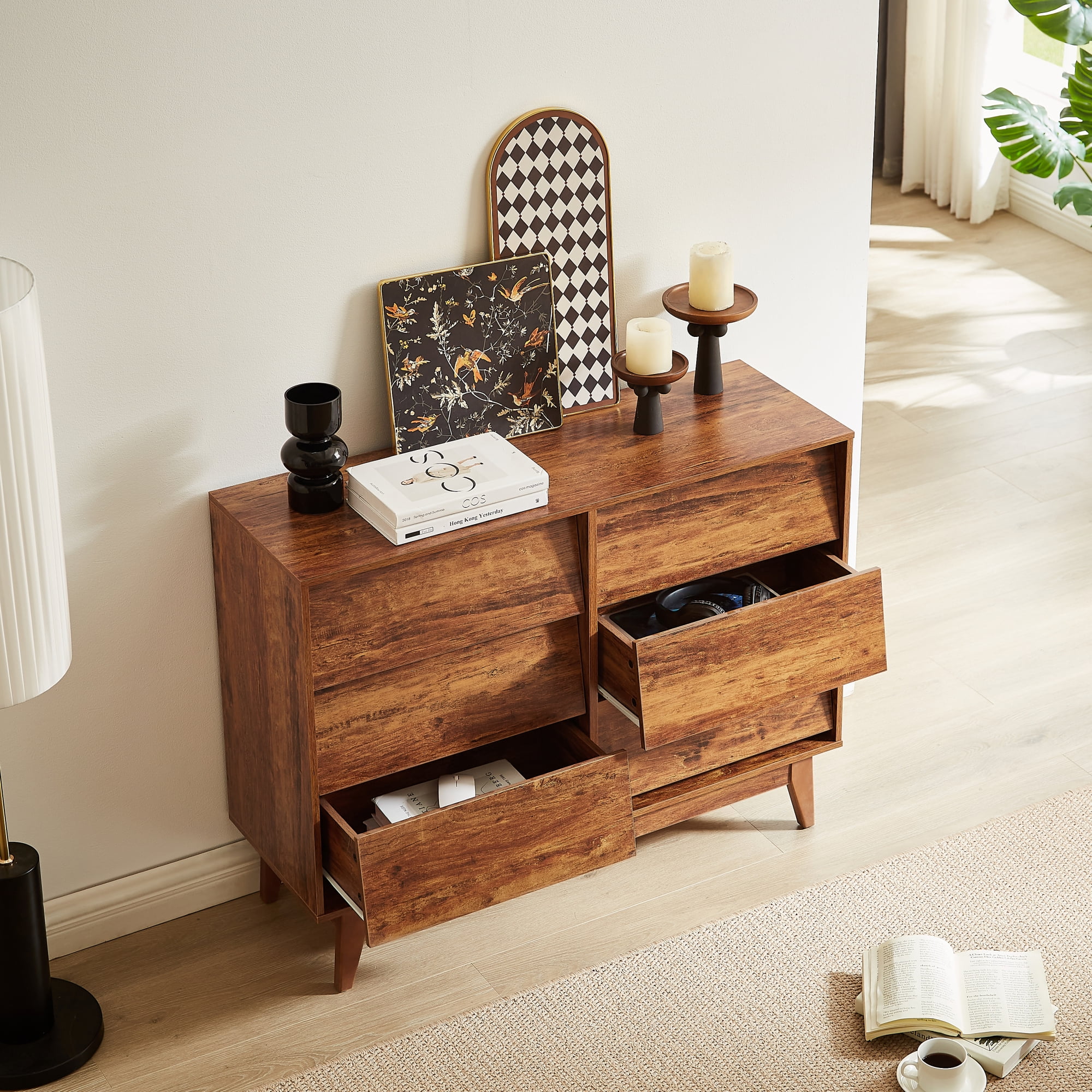 Smilegend 6 Drawer Double Dresser Vintage-Style Bevel Design Sturdy MDF ...