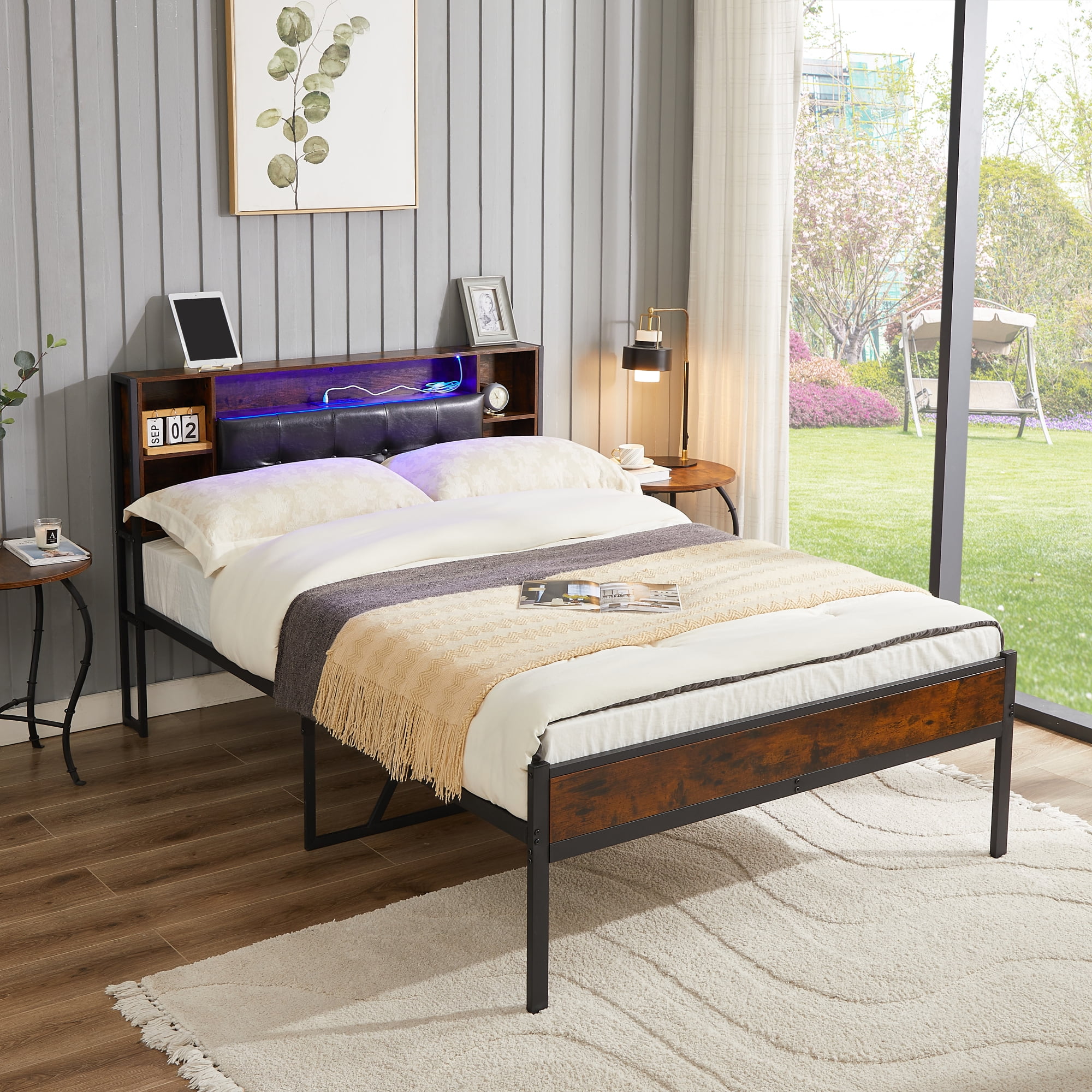 Smilegend Full Size Metal Platform Bed Frame with Storage Headboard/USB ...