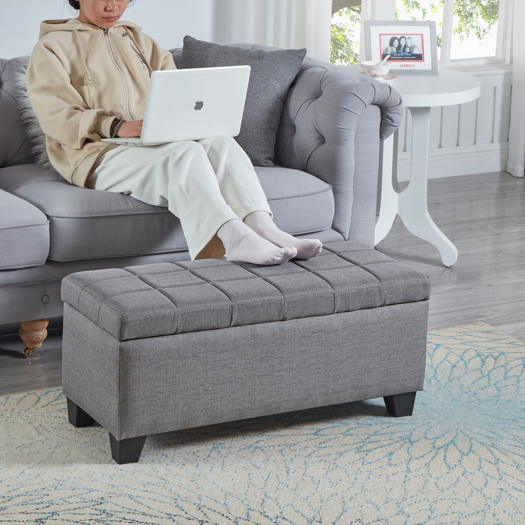 Smilegend Gray Upholstered Storage Bench - Soft Close Lid, Child-Safe ...