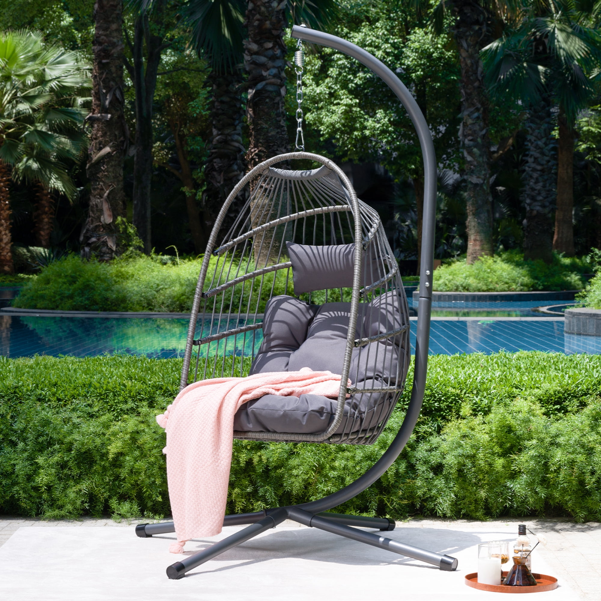 Smilegend Outdoor Egg Hanging Chair with Stand, Patio Wicker Swing ...