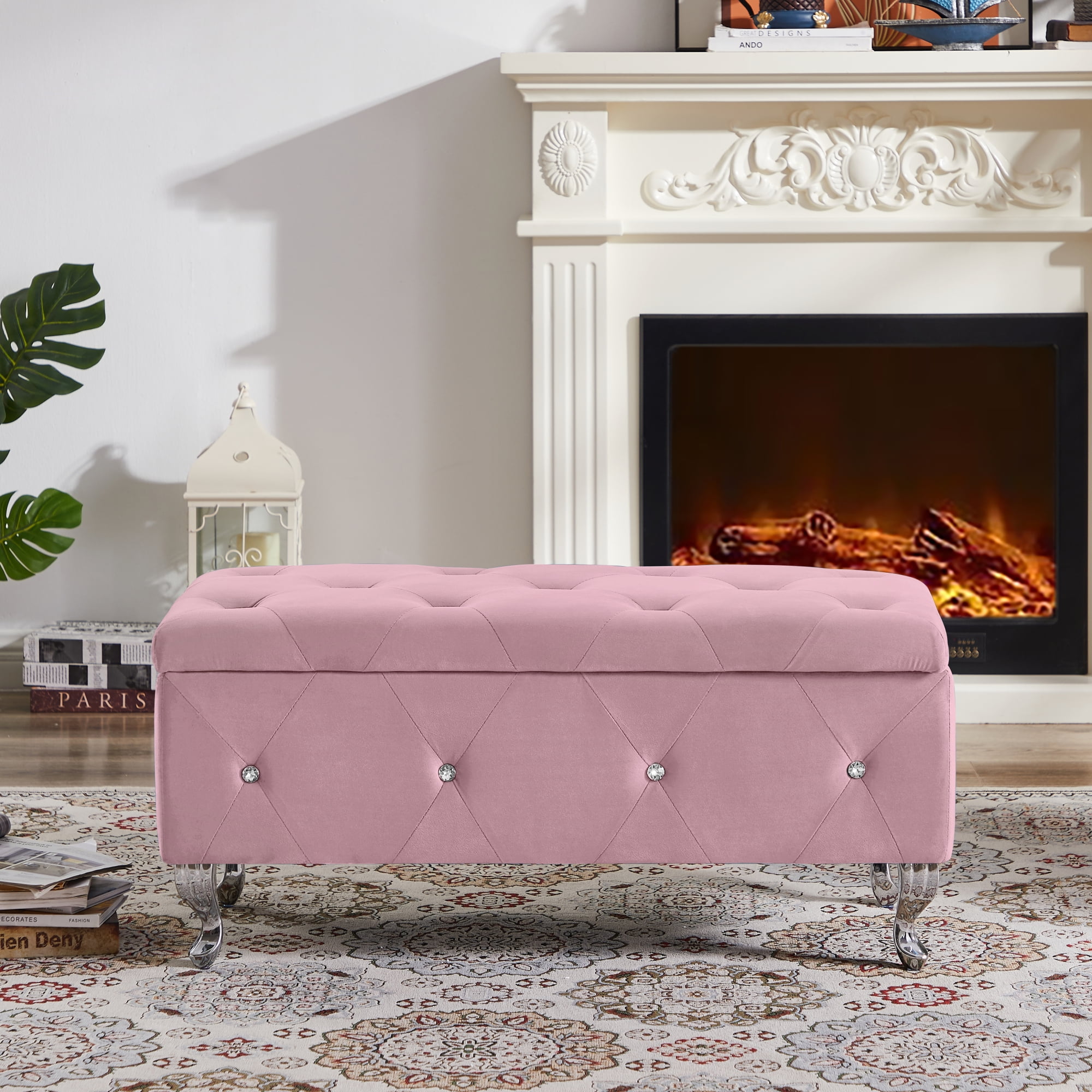 Smilegend Pink Velvet Storage Bench, Flip Top Entryway Bench Seat with ...
