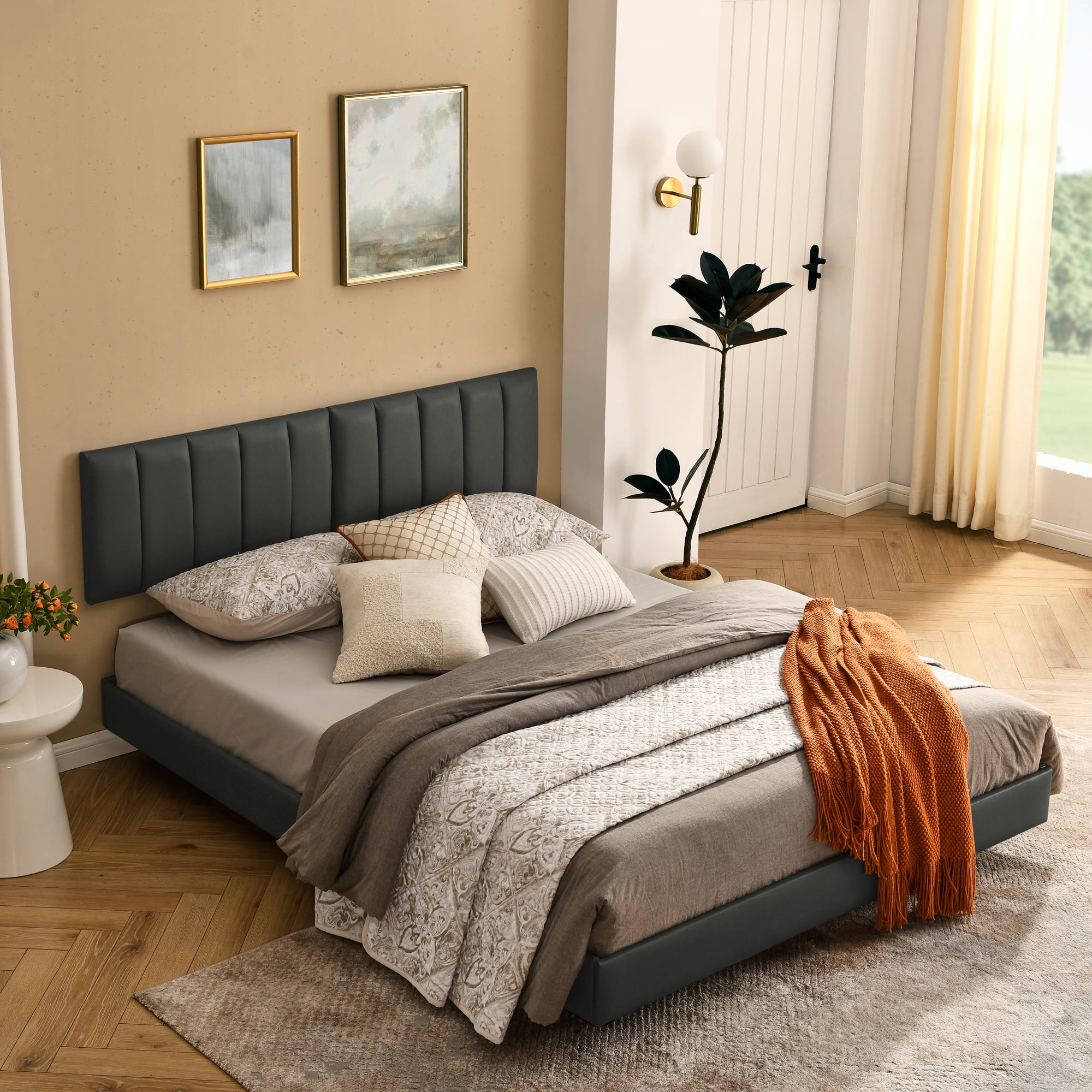 Smilegend Queen Floating Bed Frame with Wall Mounted Headboard Modern ...
