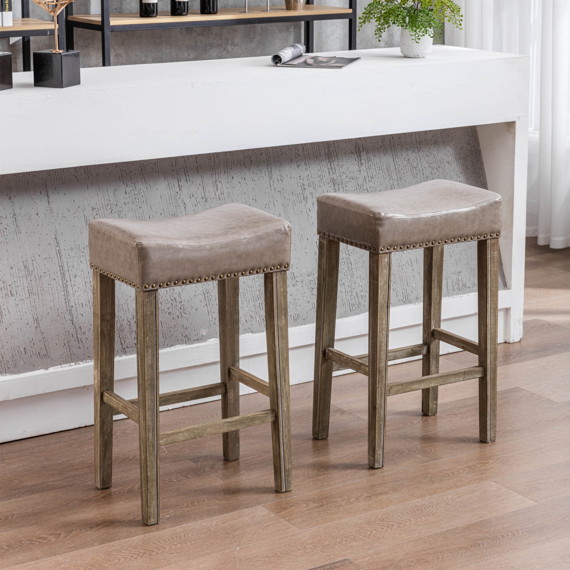 Smilegend Set of 2 Gray Faux Leather Backless Bar Stools - 26" Counter ...