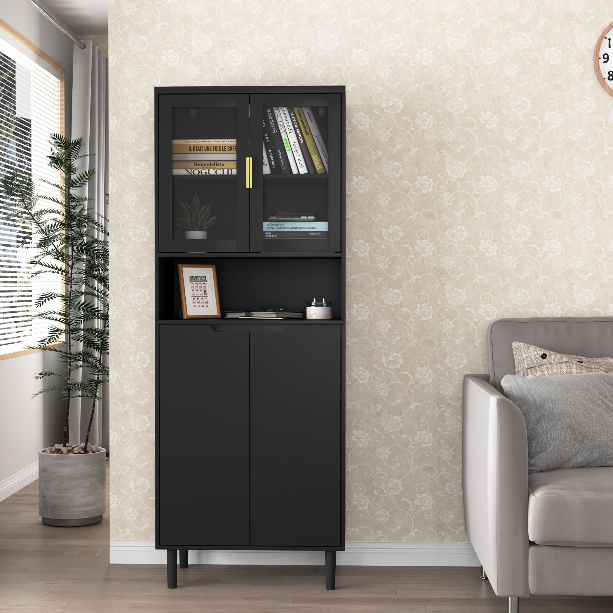 Smilegend Tall Green Storage Cabinet with Glass Doors, Modern ...