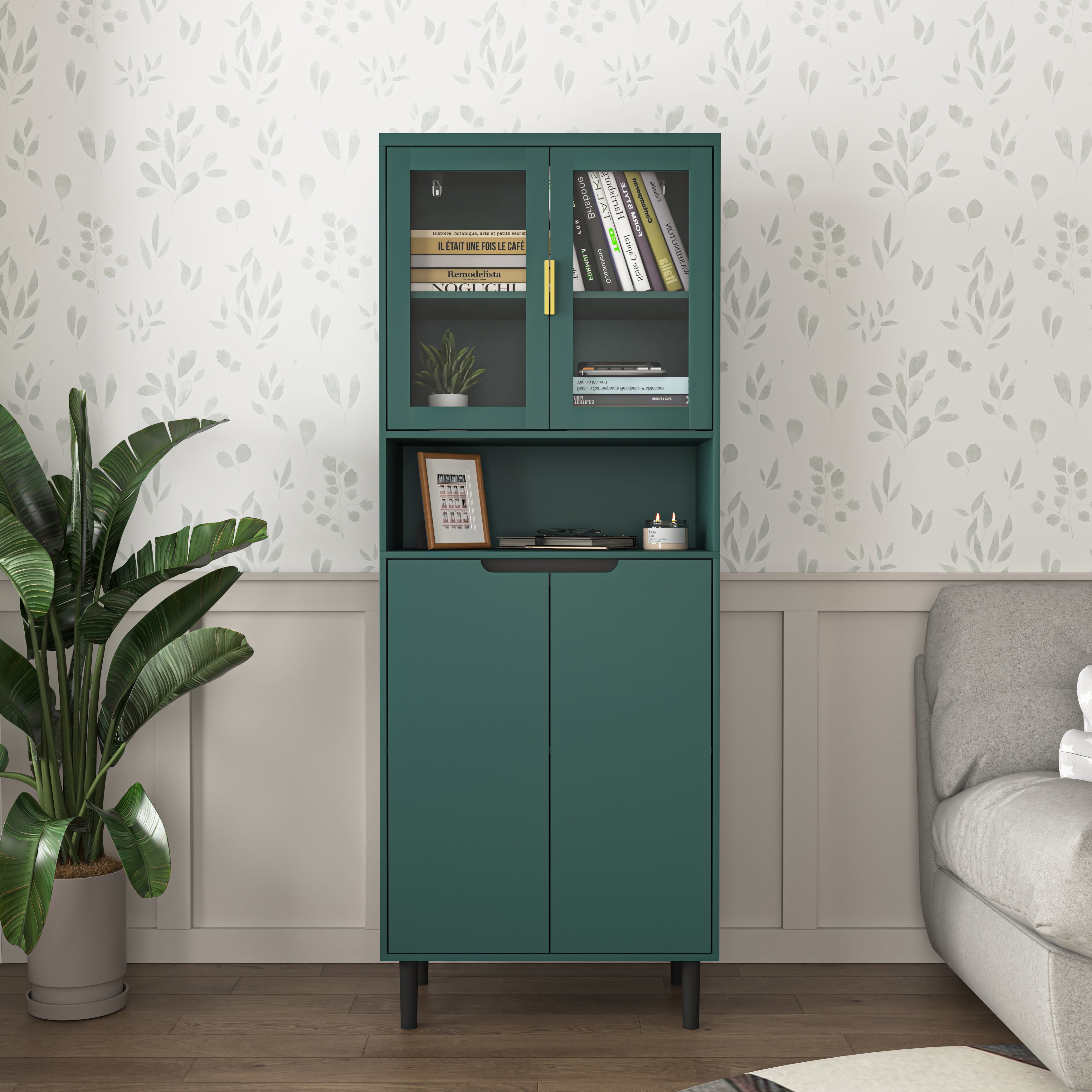 Smilegend Tall Green Storage Cabinet with Glass Doors, Modern ...