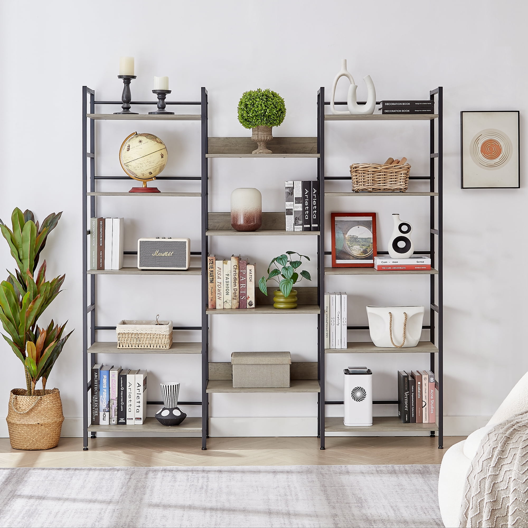 Smilegend Triple Wide 5-shelf Bookshelves Industrial Retro Wooden Style ...