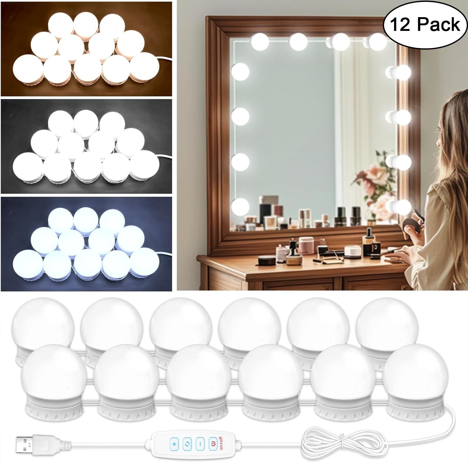 Smilelion Vanity Mirror Lights, 12 LEDs, 3 Colors Adjustable, 10 ...
