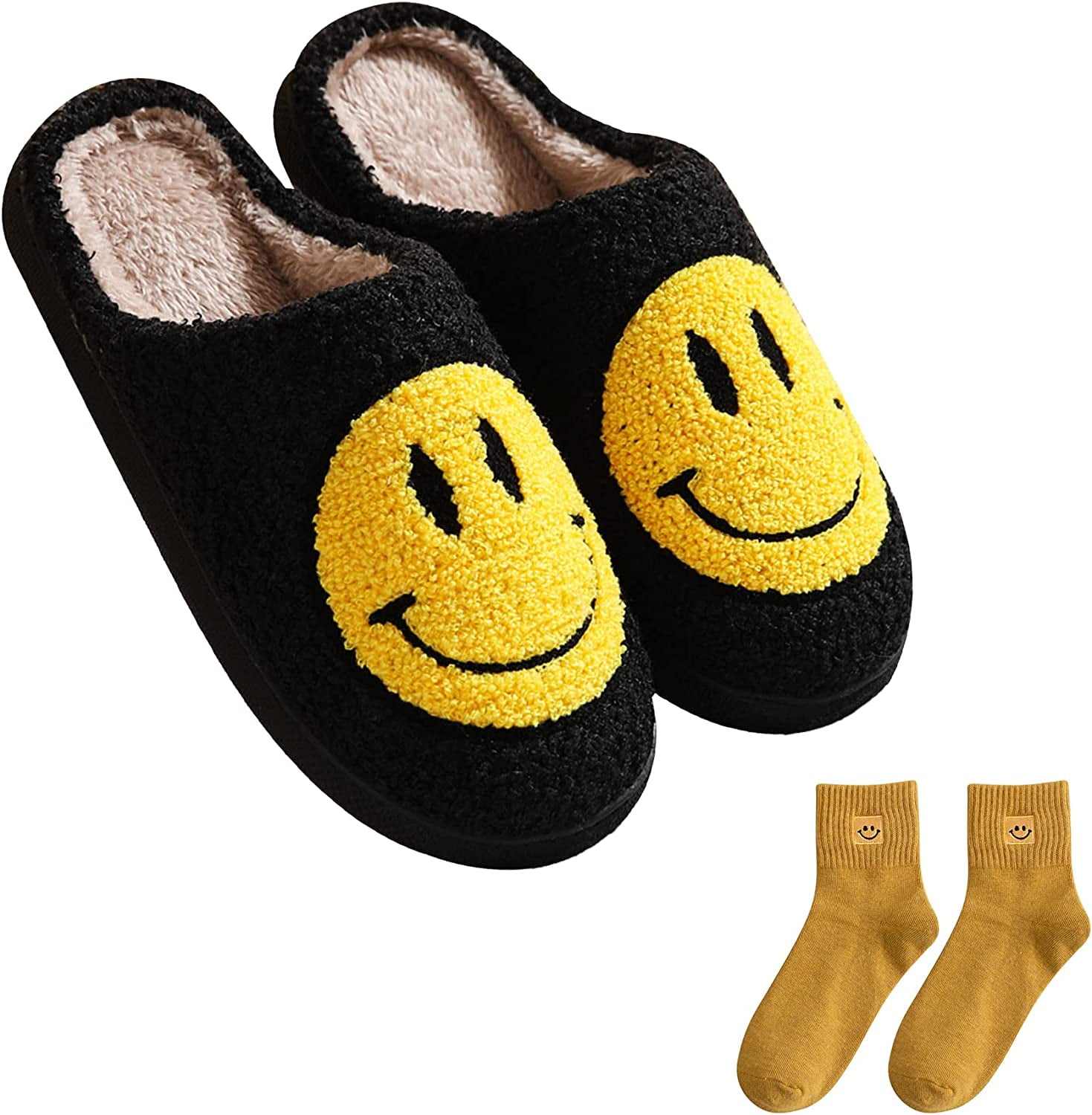 Smiley Face Slippers Retro Cozy Comfy Plush Warm Slip-on Slippers ...